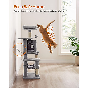 Feandrea Cat Tree, 44.1-Inch Cat Tower for Indoor Cats, Multi-Level Cat Condo with 4 Scratching Posts, 2 Perches, Hammock, Cave, Light Gray UPCT261W01