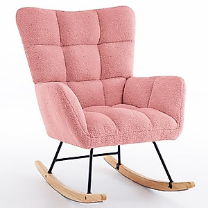 Furnimart Rocking Chair, Nursery Glider Rocker with High Backrest, Upholstered Glider Rocking Chairs for Nursery, Pink Comfy Reading Chair, Teddy Fabric Side Chair for Living Room, Bedroom