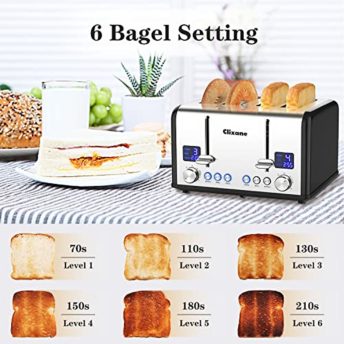 Toaster 4 Slice,1.5"Extra Wide Slot Stainless Toaster with Bagel Defrost Cancel Function, Dual Screen, Removal Crumb Tray (Black)