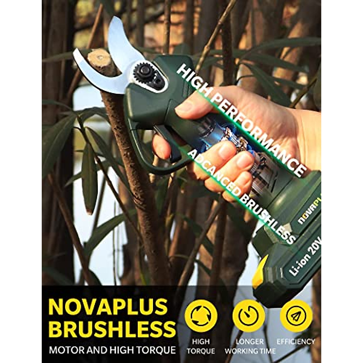 NOVAPLUS Cordless Pruning Shears, 20V Electric Pruner with Two 2000mAh Lithium-Ion Batteries, 30mm(1.2") Power Pruner Shears for Gardening