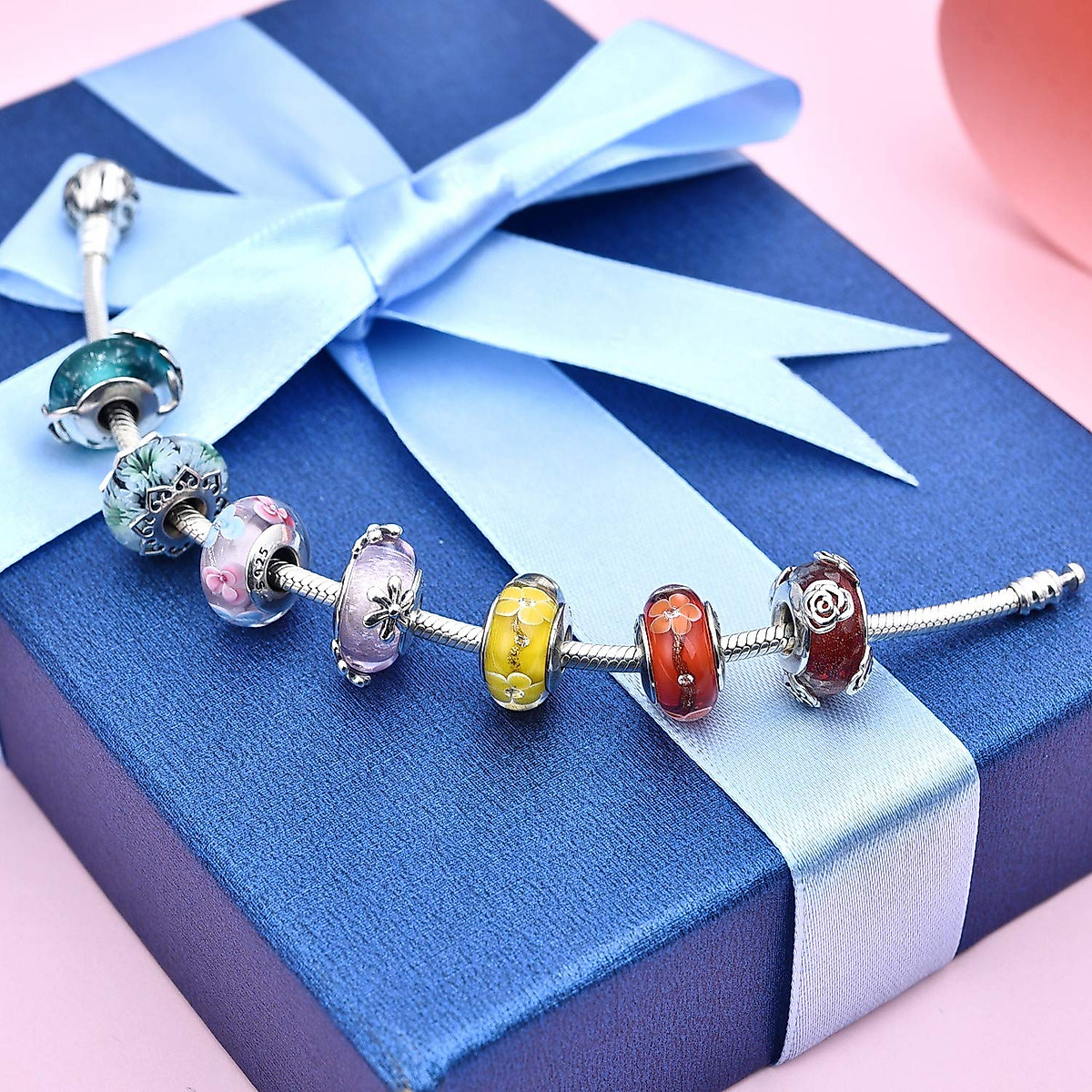 JIAYIQI Murano Glass Charm Fit Pandora Charm Bracelets 925 Sterling Silver Glass Beads Stopper Charm fit Pandora Bracelet and and Necklace