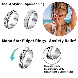 MUCAL Fidget Rings for Anxiety 8pcs Stainless Steel Spinner Ring Anti Anxiety Ring Spinning Moon Star Cool Stress Relieveing Rings for Women Men