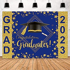 Avezano Graduation Backdrops Blue and Gold Congrats Grad Party Background Decorations Class of 2023 Graduation Party Banner Supplies Photo Booth Props(7x5ft)