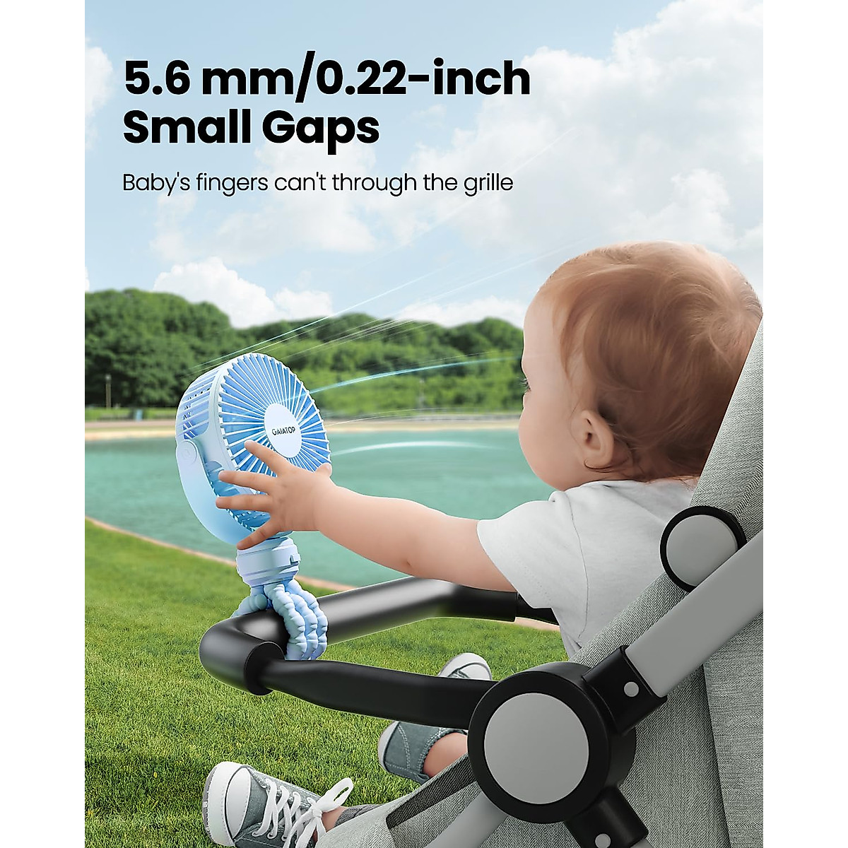 Gaiatop Mini Portable Stroller Fan, Battery Operated Small Clip on, Detachable 3 Speed Rechargeable, 360° Rotate Flexible Tripod Better Cooling for Car Seat Crib Treadmill Travel Blue