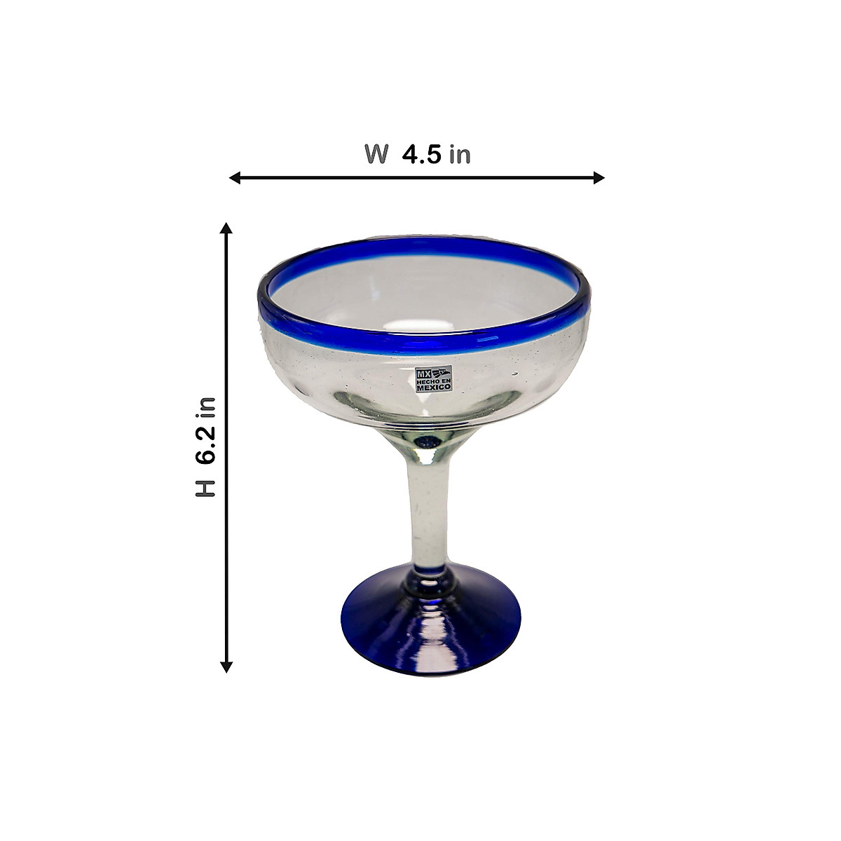EMPORION Set of 4 Hand-Blown Margarita Glasses from Mexico with Cobalt Blue Rim - Rustic & Handcrafted Recycled Bubble Glass Drinking Glassware - 14 Oz
