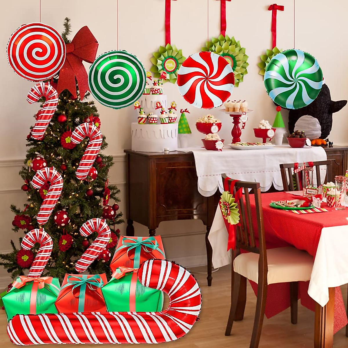 YUJUN 30Pcs Christmas Balloons Decoration Set, Candy Cane Gift Box Mylar Foil Balloons for Christmas New Year Candies Xmas Theme Party Decorations