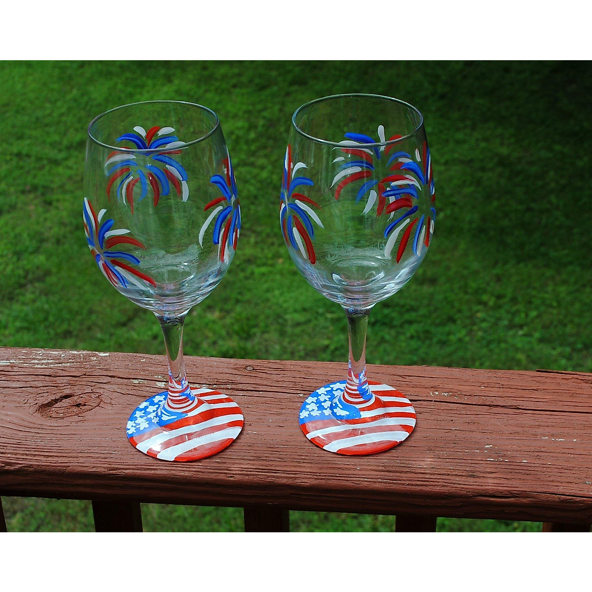Fireworks USA American Flag Hand Painted Stemmed Wine Glasses Set of 2