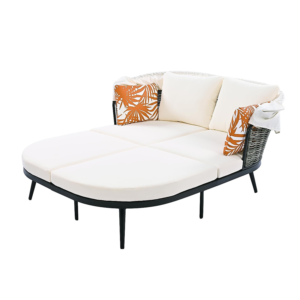 RuiSiSi 74.8”L Patio Daybed with Retractable Canopy, Outdoor Rattan PE Wicker Back Loveseat Sofa Set with Throw Pillows and Cushions for Backyard, Poolside, Garden, Beige