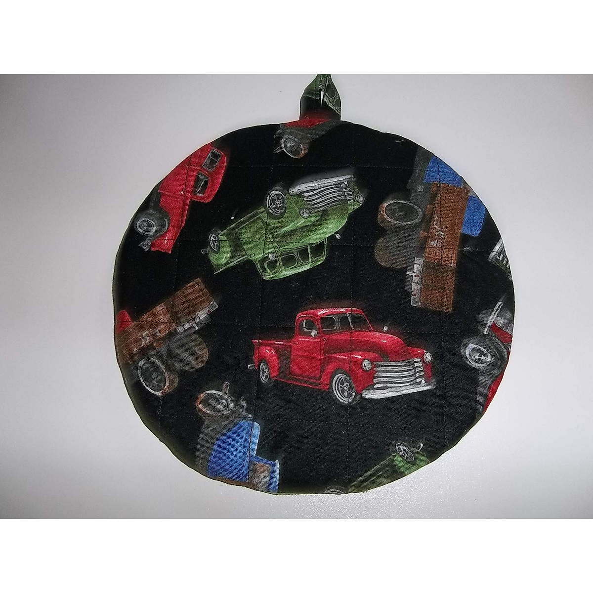 Pot Holders Heat Resistant Classic Pickup Trucks Red and Multi Colored Potholders Handmade Double Insulated Quilted Hot Pads Trivets 9 inches Round