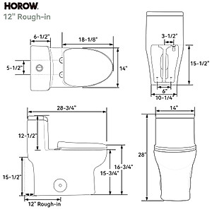 HOROW HR-ST076WD Dual Flush Elongated Toilet with Soft Close Seat, High-Efficiency Supply, Standard Bathroom Toilet 12" Rough-In, White Finish