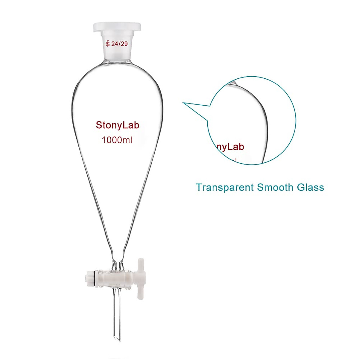 stonylab Borosilicate Glass 1000 ml Heavy Wall Conical Separatory Funnel with 24/29 Joints and PTFE Stopcock, 1000 ml