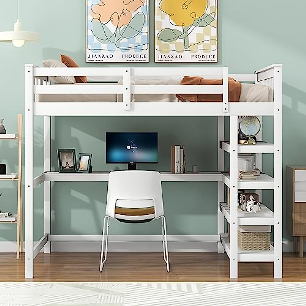 BOVZA Wood Loft Bed with Desk and Shelves, Full Size Loft Bed with Storage Shelves and Under-Bed Desk, Bed Frame for Kids Teens Adult, White