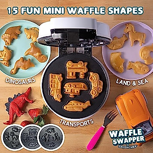15 Mini Waffle Maker with Detachable Sets - Pancake Maker for Kids - Set Includes 5 Cars, 5 Animals, and 5 Dinosaurs - Non-stick Easy to Clean