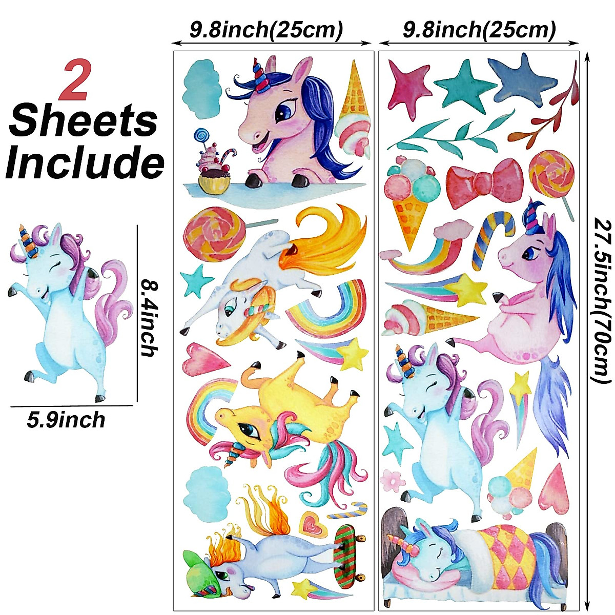 Maydahui Cartoon Unicorn Wall Decals Stickers Rainbow Cloud Candy Ice Cream Vinyl Decals (41*41 Inch) Peel & Stick Removable Girls Bedroom Art Murals Decor for Baby Kids Room Nursery Christmas Gifts