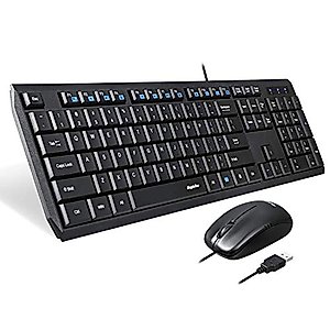 Eagletec KM120 Wired Keyboard and Mouse Combo Slim, Flat & Quiet, Ergonomic Full Size 104 Keys Keyboard & Small Portable Mouse for Windows PC (Black Wired Keyboard & Mouse Set)