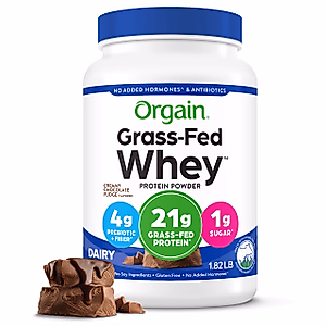 Orgain Whey Protein Powder, Creamy Chocolate Fudge - 21g Grass Fed Dairy Protein, 5g BCAAs, 4g Prebiotic Fiber, No Sugar Added, No Added Hormones, Gluten Free, Kosher, For Shakes & Smoothies - 1.82lb
