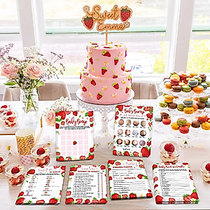 Sinasasspel 302pcs Strawberry Baby Shower Game Set Pack of 6 Activities for 50 Guests Includes Baby Shower Bingo, Baby Bump Or Beer Belly, Baby Word Scramble and More, Each 5x7 Inches