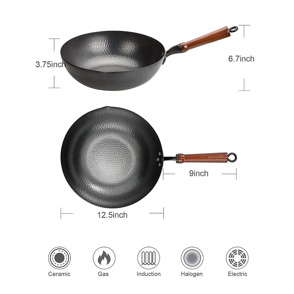 BIELMEIER Wok Pan 12.5", Woks and Stir Fry Pans with lid, Carbon Steel Wok with Cookware Accessories, Wok with Lid Suits for all Stoves(Flat Bottom Wok)