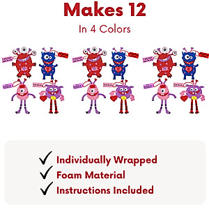 4E's Novelty Valentines Monster Craft Ornament (12 Pack) Foam Valentines Day Crafts for Kids Classroom DIY Card Activity Bulk - Individually Wrapped
