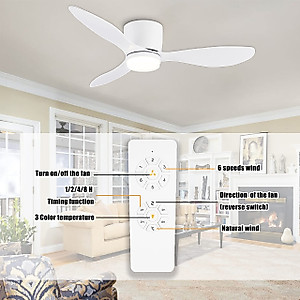 GESUM Ceiling Fan with Light, 42" Flush Mount Ceiling Fan Light with 3 Colors, 6 Speeds, Timing,Low Profile Ceiling Fan with Remote Control 3 Blades for Bedroom Dining Room (White)