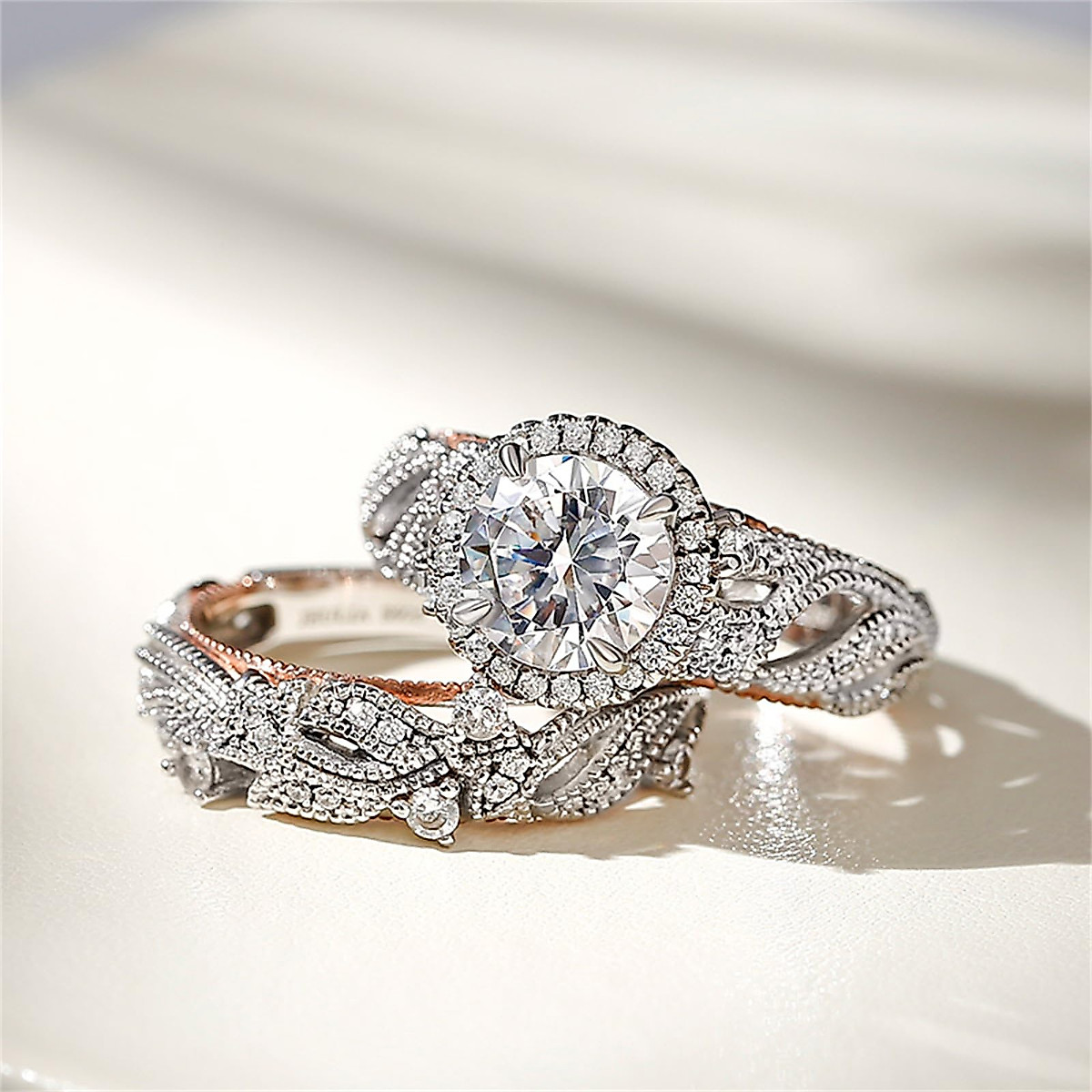 Jeulia 4 Carat Leaf Rings for Women 925 Sterling Silver 18 K Rose Gold Plated Round Cut Engagement Ring Set White Diamond Halo Cubic Zirconia Wedding band CZ Solitaire Anniversary Promise Rings (6.5)