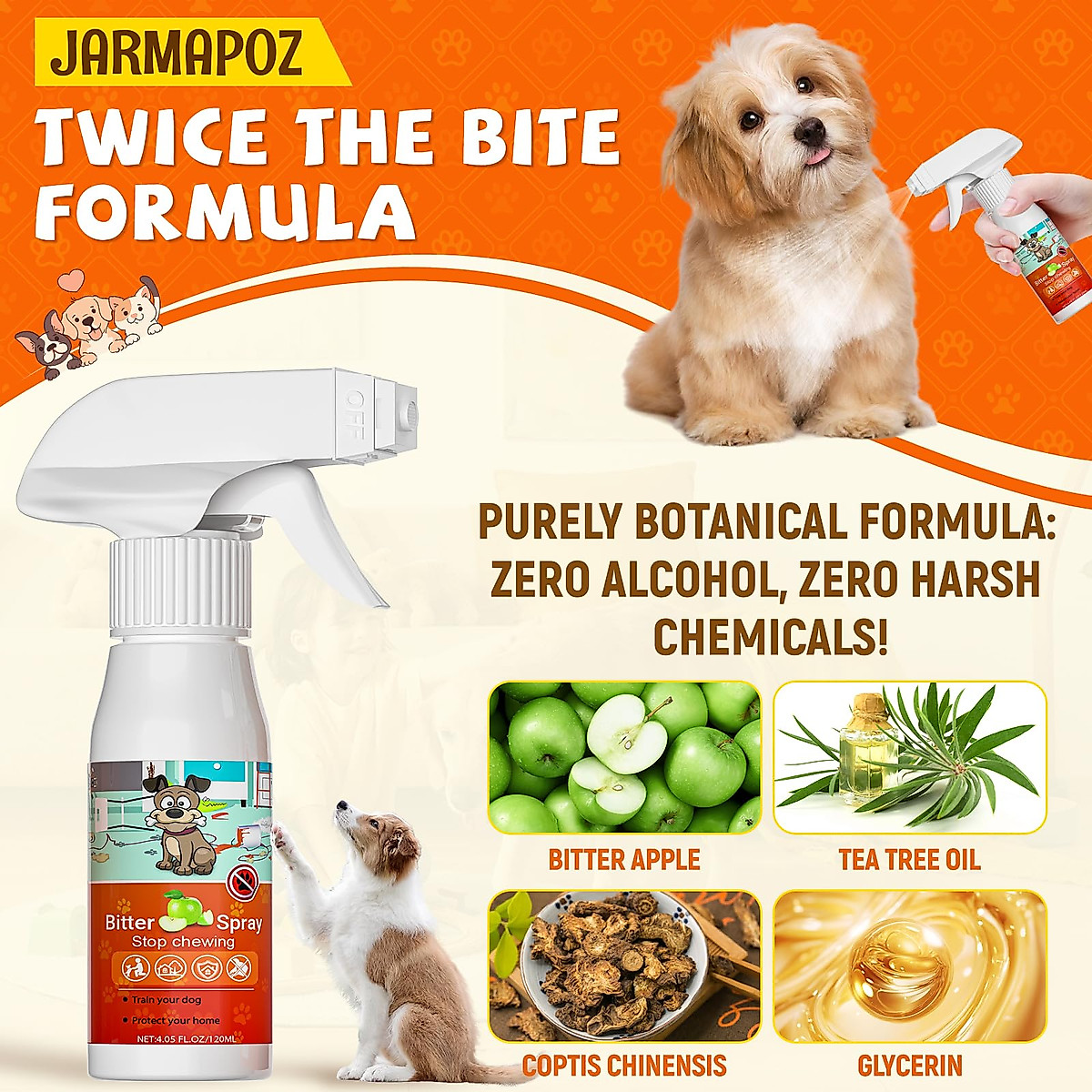 JARMAPOZ Bitter Apple Spray for Dogs to Stop Chewing, Anti Chew Behavior Training Aid for Dogs and Cats, Bitter Yuck Spray for Dogs Prevent Chewing Licking of Bandages, Paws, Shoes, Fur and Furniture