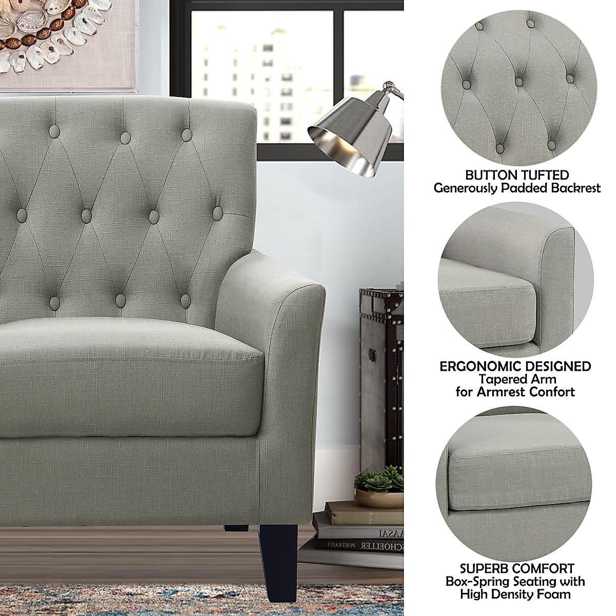Rosevera Shevonne 30”Accent Fabric Upholstered Arm Tufted Comfy for Reading in Bedroom,Living Room, Sofa Chair,Armchair for Small Space,Wood Legs, Standard, Dove Grey