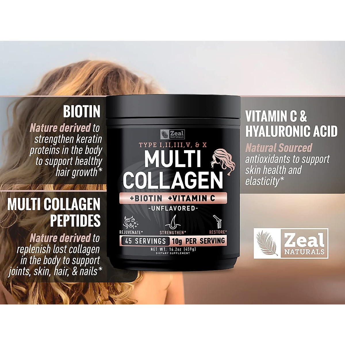 Premium Multi Collagen Peptides Protein Powder (1, 2, 3, 5 & 10) with Vitamin C, Biotin, Hyaluronic Acid, for Hair Skin and Nails - Marine, Bovine, Chicken & Eggshell (Unflavored, 45 Servings)