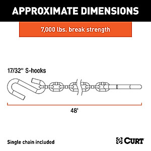 CURT 80301 48-Inch Trailer Safety Chain with 17/32-In S-Hooks, 7,000 lbs Break Strength