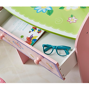 lukazoo Kids Vanity Set with Mirror and Stool, Beauty Makeup Vanity Table with Large Drawer and Chair Set for Toddlers and Kids, Wooden Girls Makeup Dressing Table