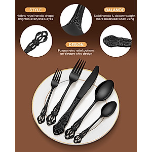 EUIRIO 40 Pieces Royal Silverware Set Black, Retro Flatware Set for 8, Stainless Steel Cutlery Set with Luxury Forks Spoons and Knives, Utensils Set Mirror Polished, Dishwasher Safe