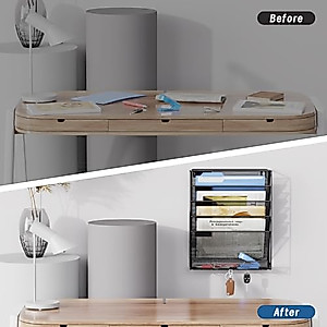 samstar Wall File Organizer with Hooks, 6 Tier Wall Mount File Holder Hanging File Organizer Vertical File Rack for Office/School/Home, Black