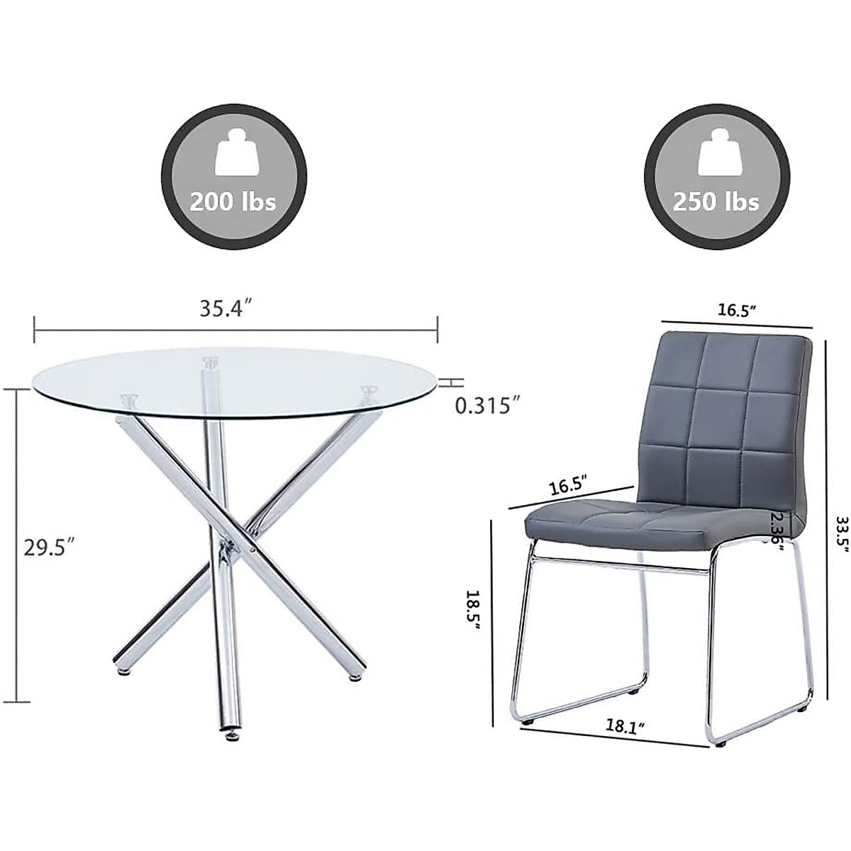 5 Pieces, Dinner Table Set for 4, Dining Table Set for 4, 1 Round Glass Dining Table and 4 Faux Leather Kitchen Chairs for Dining Room, Small Space, Apartment, Living Room, Chrome Metal Legs, Grey