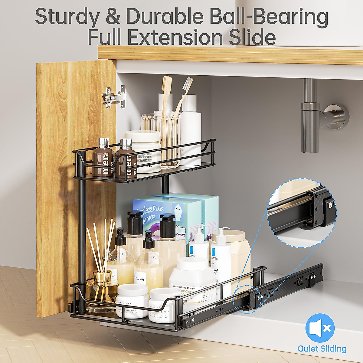 LAMU Larger Under Kitchen Sink Organizers and Storage, Metal Under Sink Organizer Bathroom Cabinet, Undersink Organizers Kitchen, Under Sink Storage and Organization, 13.1W x 16.7D x 15.6H inches