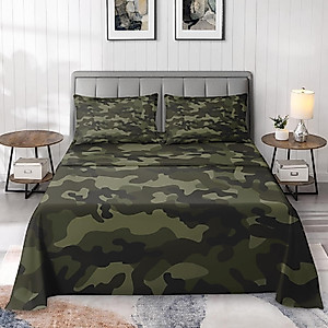 Pinbeam 4 Pcs Fitted Sheet Set Full Size with 16" Deep Pocket, Army Camouflage Camo Bedding Set with Pillowcases for Kids and Adults, Military French Green Flat Bed Sheet Set
