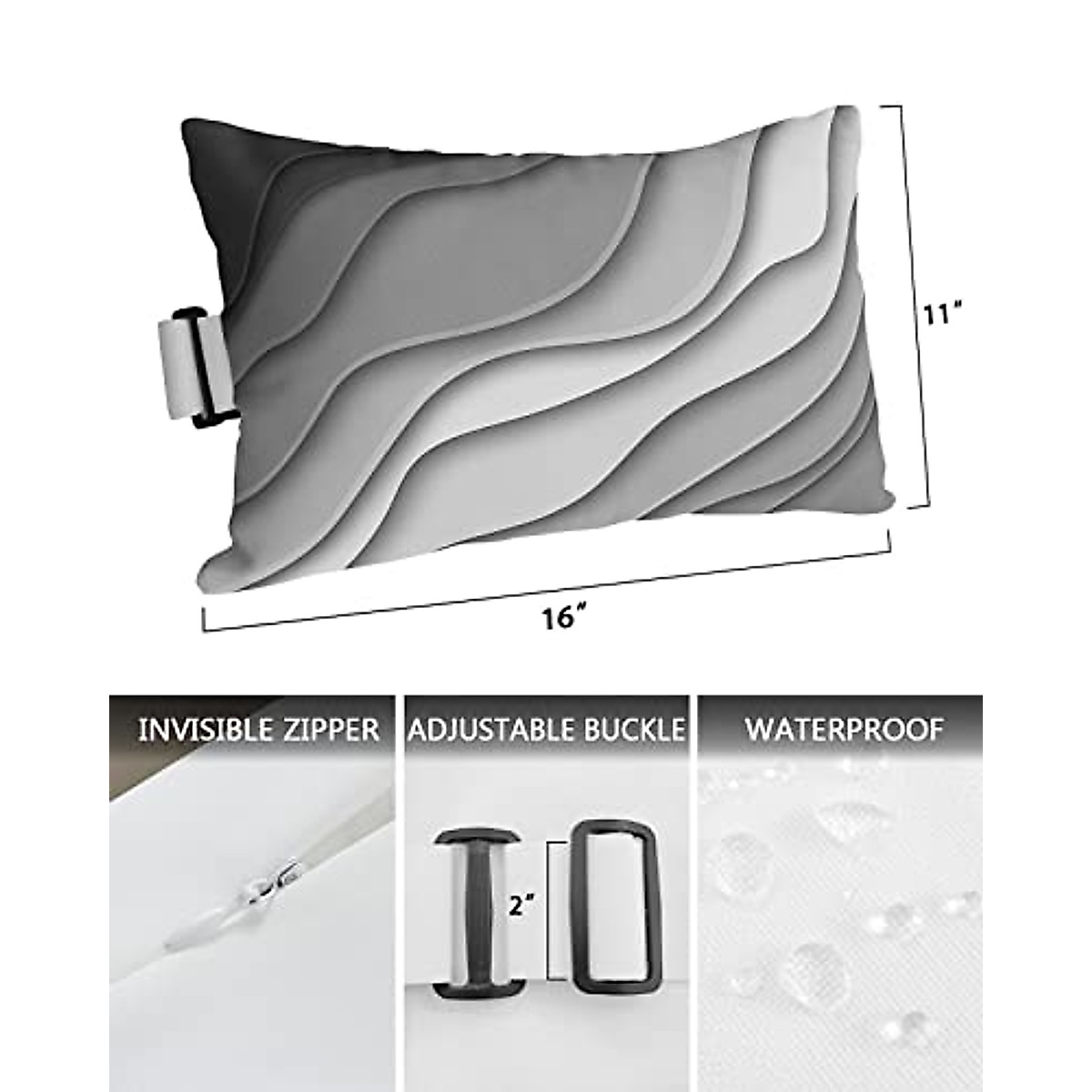 Recliner Head Pillow Ledge Loungers Chair Pillows with Insert Modern Abstract Geometric Black Grey Gradient Lumbar Pillow with Adjustable Strap Outdoor Waterproof Patio Pillows for Beach Pool, 2 PCS