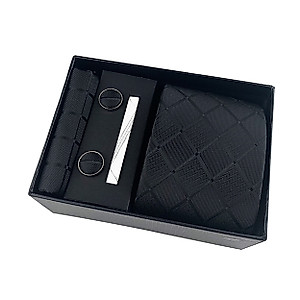 Ties for Men, Black Mens Ties Pocket Square Cufflink Tie Clip Set (Black)
