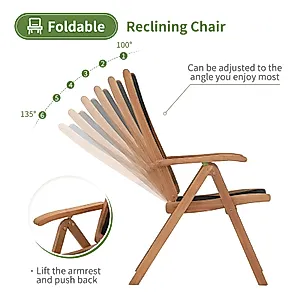 OC Orange-Casual Folding Patio Dining Chair Set of 2, Outdoor Acacia Wooden Rope Reclining Chair w/Armrest, FSC Certified Wood, for Porch, Backyard, Garden, Indoor, Black