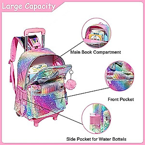 Oruiji Sequin Rolling Backpack for Girls Backpack with Wheels Bowknot Backpack and Lunch Bag Set for Girls Trolley Wheeled Luggage for Elementary Students