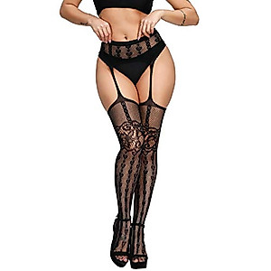 Women Lingerie Garter Belt Stocking Fishnet Thigh High Tights Suspender Pantyhose Lace Patterned See Through Lingerie High Waist Fish Nets Women Tights Mesh Hollow Out Stockings Pantyhose for Women