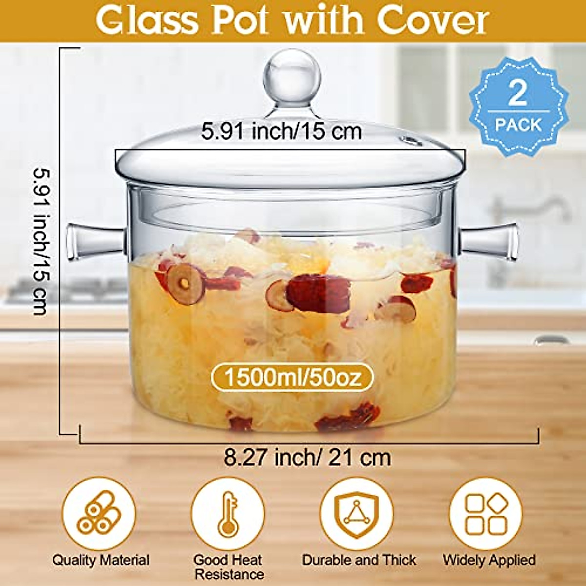 2 Pcs Glass Pot with Cover Glass Saucepan Stovetop Cooking Pot with Lid and Handle Simmer Pot and Pan Glass Cookware for Pasta Noodle, Soup, Milk, Baby Food (Classic Style, 1.5 L/ 50 oz)