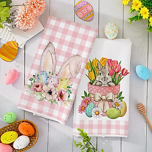 AnyDesign Easter Kitchen Towel Easter Rabbit Bunny Egg Floral Dish Towel Watercolor Pink White Buffalo Plaids Hand Drying Tea Towel for Spring Holiday Cooking Baking Cleaning, 18 x 28, 2 Pack