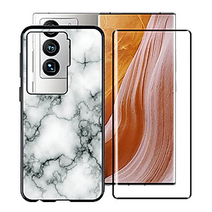 HGJTF Phone Case for ZTE Axon 40 Ultra (6.8") with 1 X Tempered Glass Screen Protector, Black Soft Silicone Anti-Drop TPU Bumper Non-Slip Shell Cover for ZTE Axon 40 Ultra - Marble