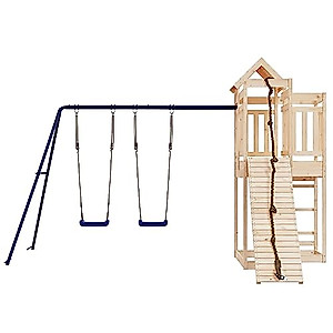 Loibinfen Outdoor Playset Solid Wood Pine, Garden Play Set with 1 Play Tower, 1 Climbing Wall, 1 Double Swing Set, Modern Outdoor Backyard Children's Climbing Wood Playground Playset,-4546