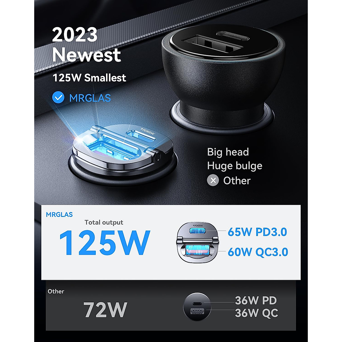 【Upgraded】 125W USB C Car Charger Super Fast Charging,[PD65W & QC60W][Flush Fit][All Metal] Cigarette Lighter Car Charger,Dual Port for iPhone 15 14 Pro Max Plus iPad Samsung S24 S23 MacBook