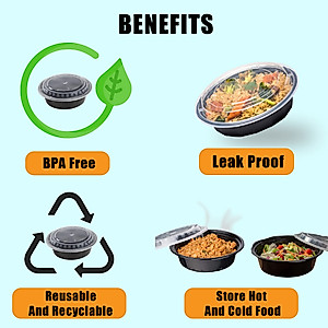 Restaurant Boxes 16 oz Meal Prep Round Black Containers with Clear Lids - 150 Sets, Disposable Food Containers, To Go Food Container, Take Out Food Containers