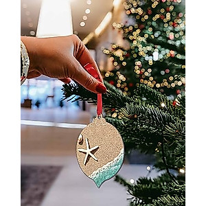 Acrylic Christmas Ornament Set of 6 Summer Starfish Shell 2023 Xmas Tree Tag Decorations, Welcome on Beach Ornaments with Ribbon for Holiday Party Hanging Tag Accessories Teal Blue Ocean