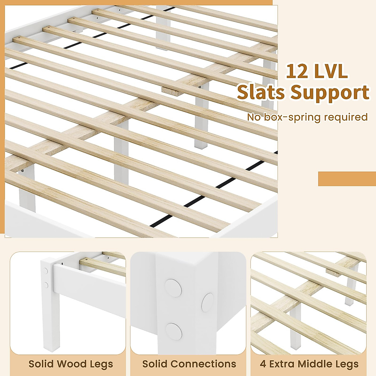 KOMFOTT Full Size Wood Platform Bed Frame with Headboard, Mid-Century Bed Frame with Wooden Slats Support & Under Bed Storage Space, No Box Spring Required Mattress Foundation (White)