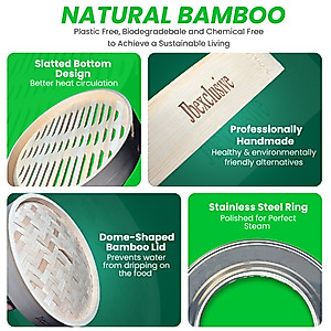 Bamboo Steamer Basket 2 Tier Wooden Basket With Handle Complete Kit for Dumpling Steamer Basket, Reusable Silicone Liner, Veggie Bamboo Basket 10 Inch Steamer for Cooking Bao Buns, Dim Sum - Steaming Basket