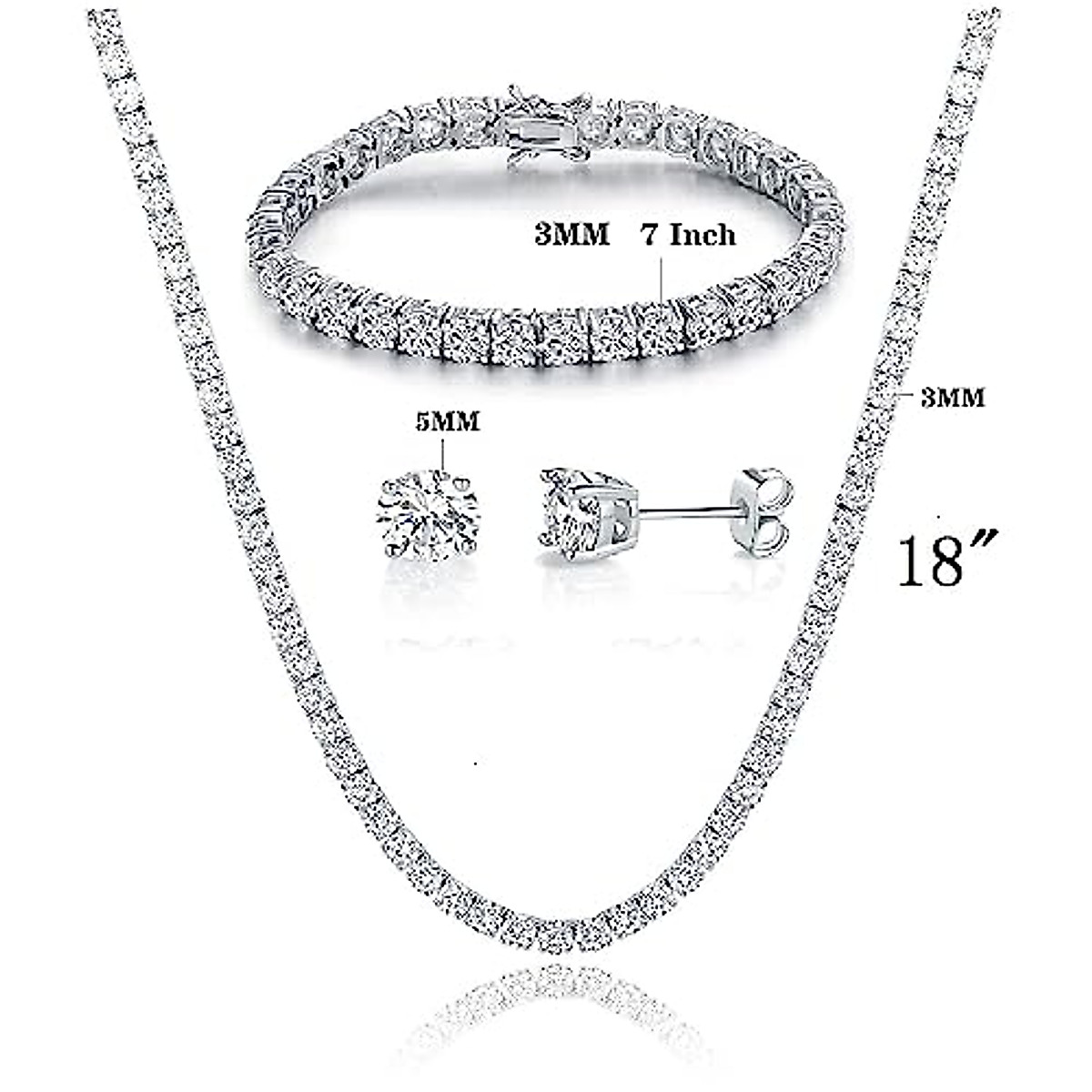 Gemsme 18K White Gold Plated Tennis Necklace/Bracelet/Earrings Sets Pack of 3 (3.0mm with 7In bracelet&18In necklace)